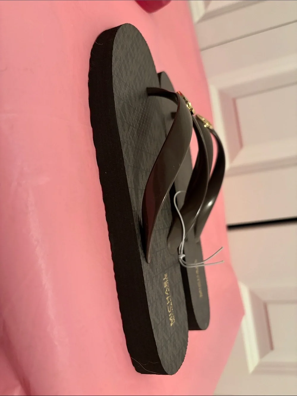 Michael Kors | Shoes | Michael Kors Brown And Gold Mk Logo Thong ...